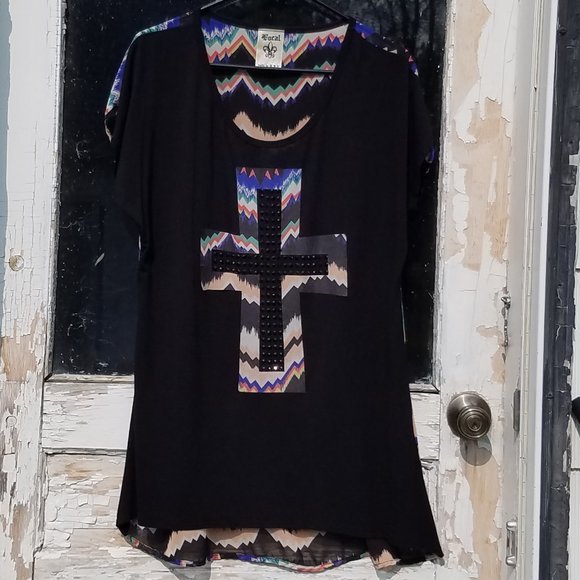 Vocal | Tops | Vocal Black Top W Studded Black Cross Multicolor Zig Zag ...